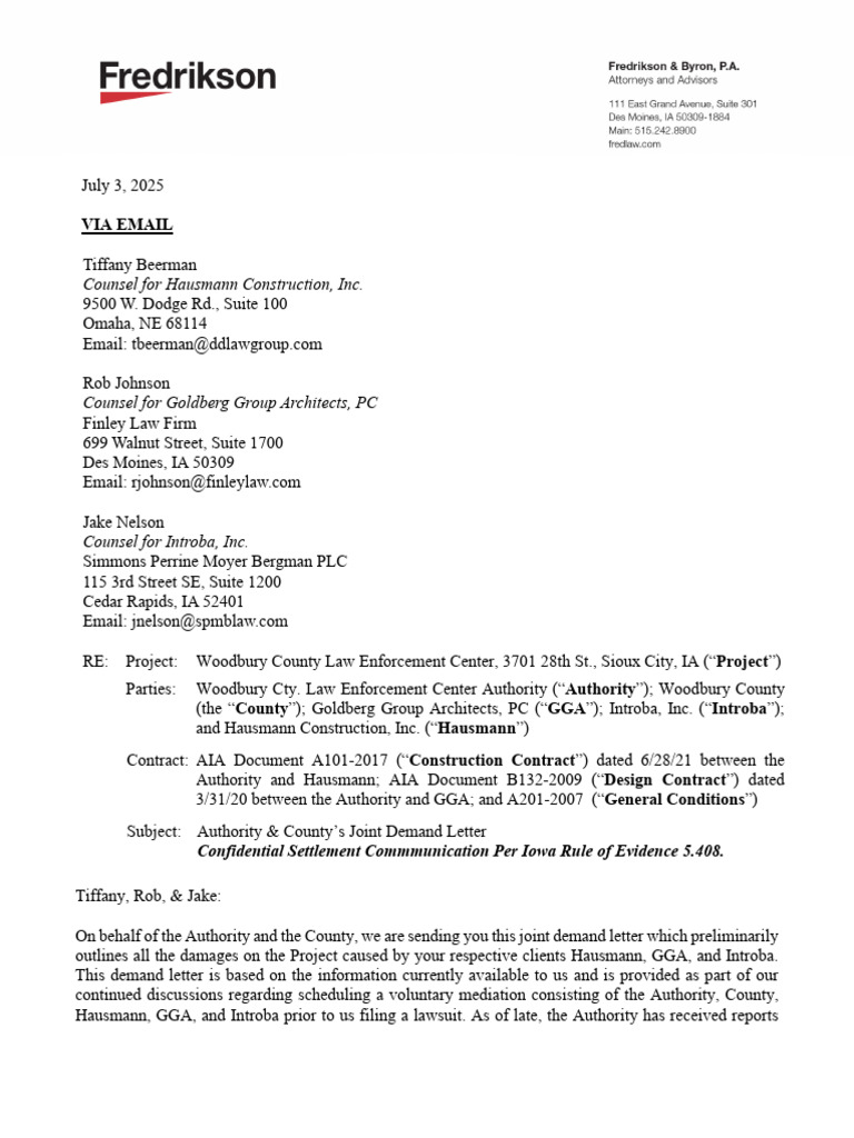 Woodbury County Project Demand Letter | PDF | Lawsuit | Indemnity