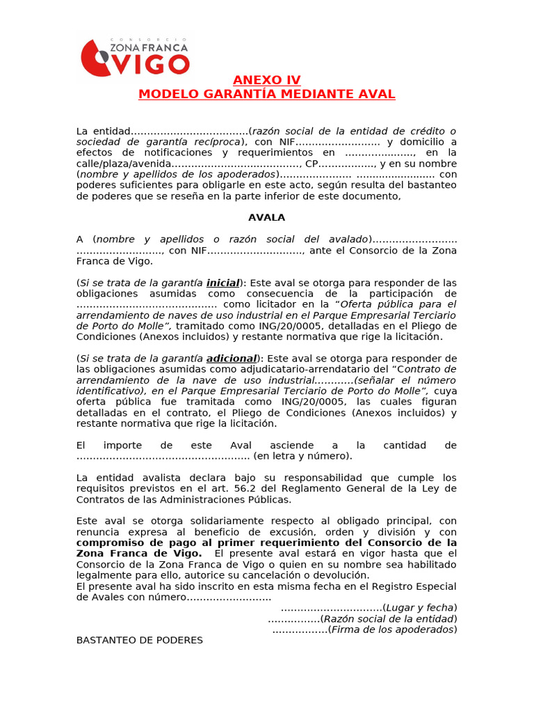 Anexo IV. Modelo Aval Bancario | PDF