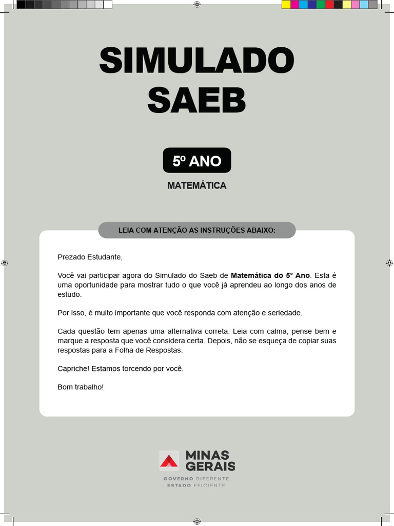 1o Simulado 2025 SAEB MG 5o Ano MT | PDF