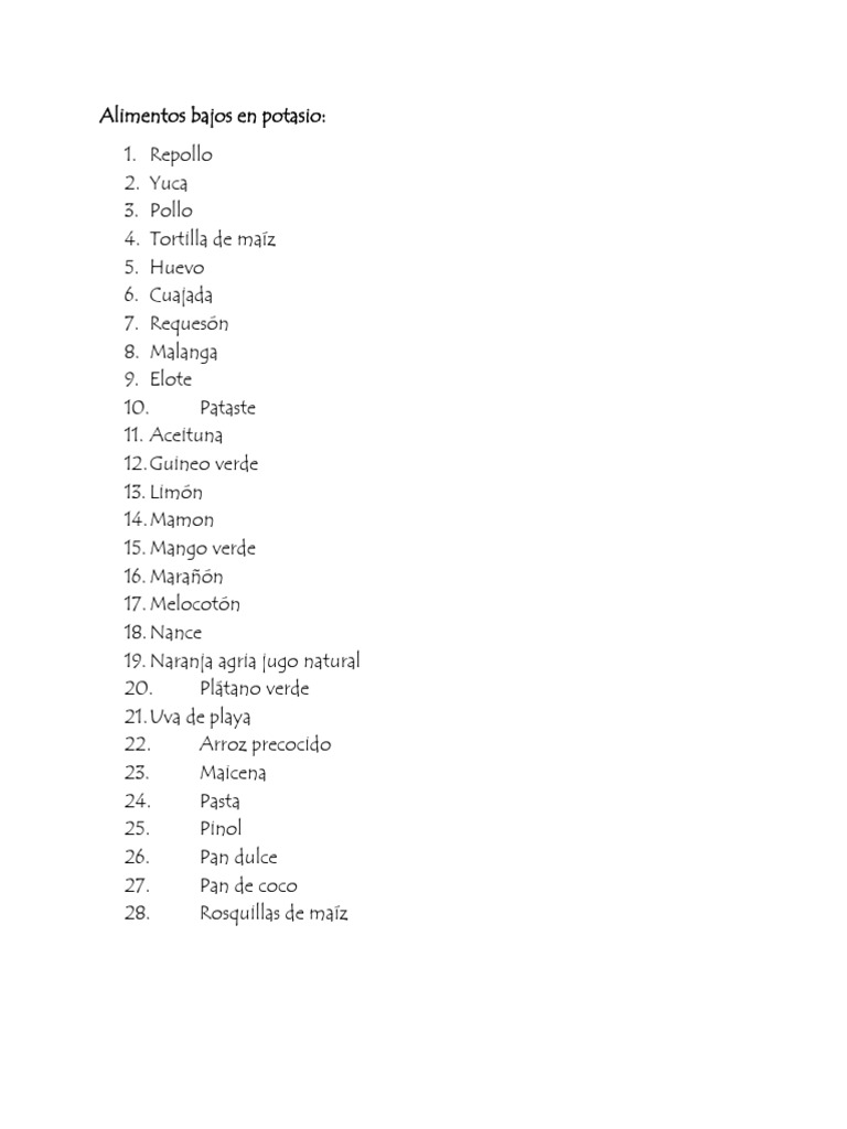 Alimentos Bajos en Potasio: Lista Completa | PDF