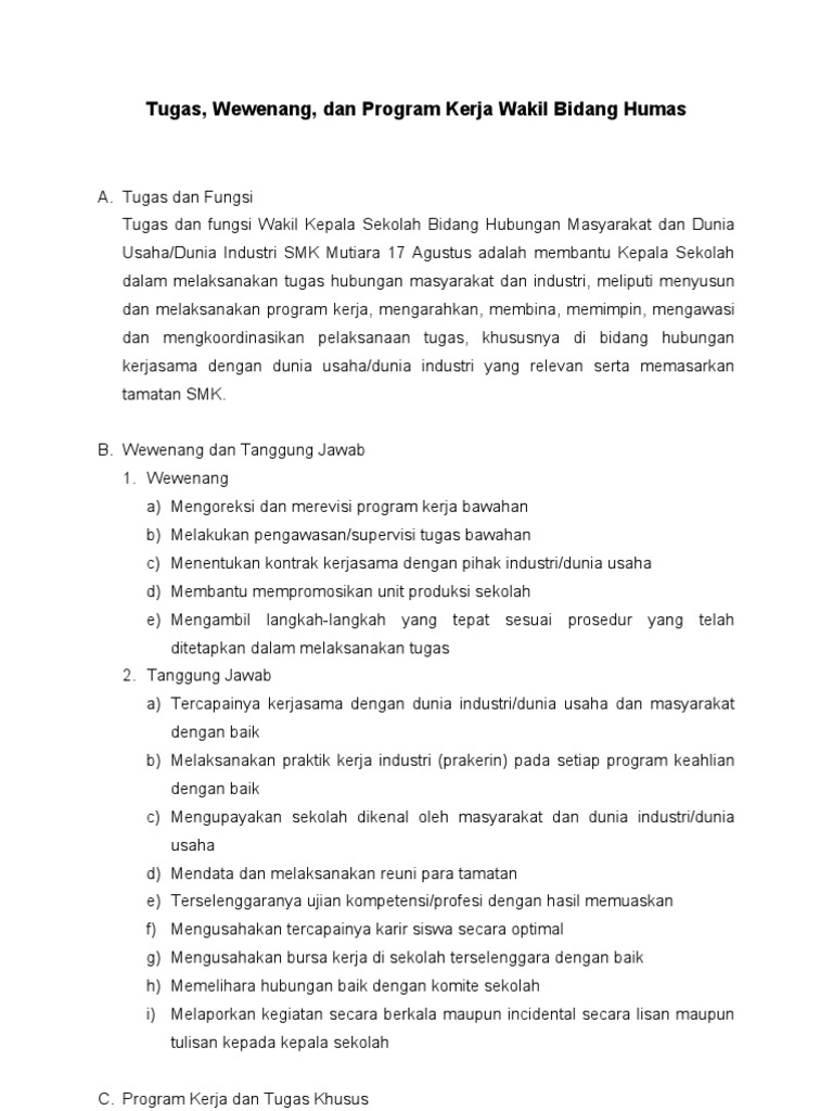 Tugas Dan Proker Wakasek Bidang Humas | PDF