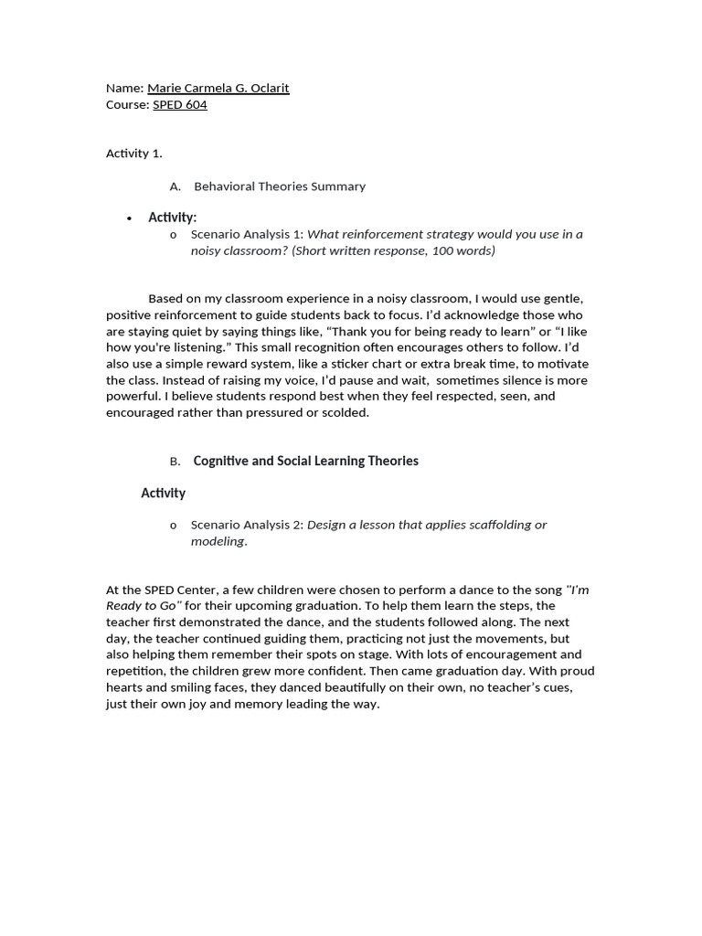 Week 2 Assignment - SPED 604 - Oclarit, Marie Carmela | PDF | Reinforcement | Behaviorism