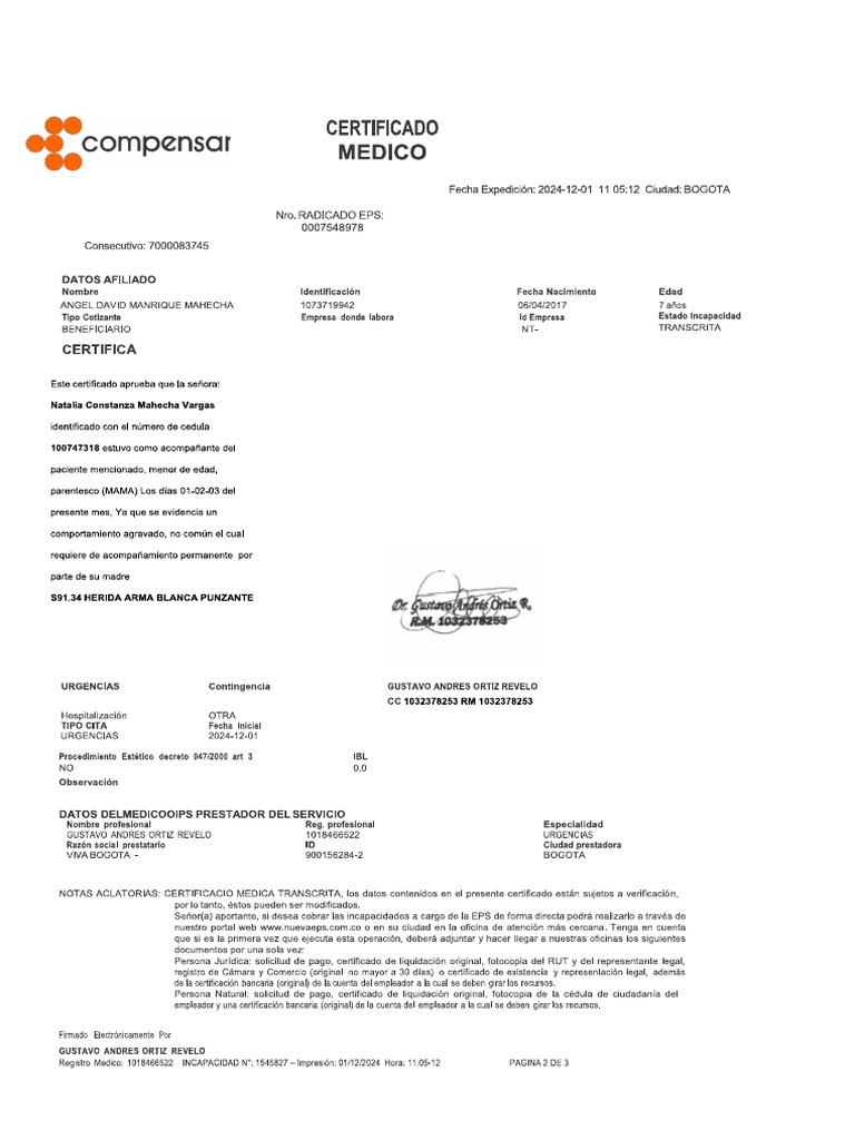 Certificado Medico Compensar David Manrique | PDF