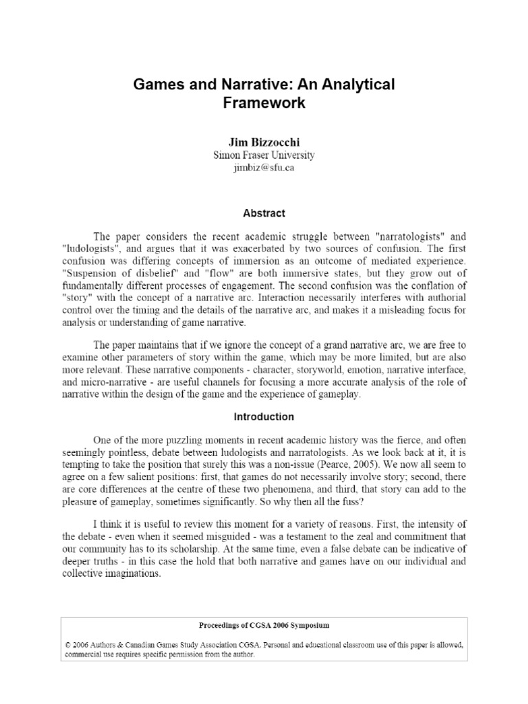 View of Games and Narrative - An Analytical Framework | PDF
