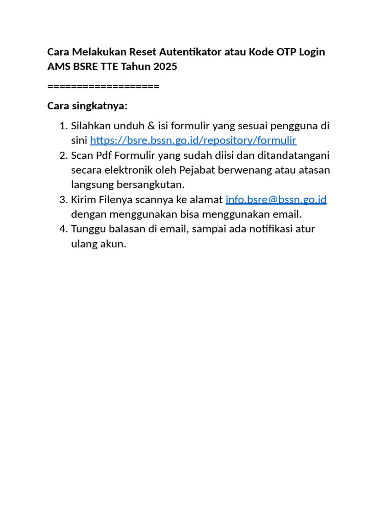 Reset Kode OTP untuk Login BSRE | PDF
