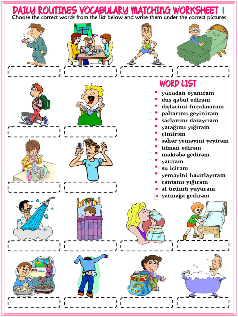 Daily Routines Vocabulary Esl Matching Exercise Worksheets For Kids Pdf