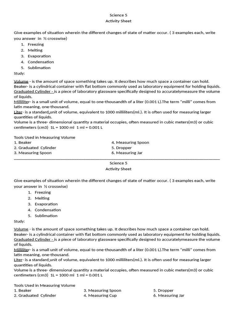 Science 5 Activity Sheet | PDF | Volume | Litre
