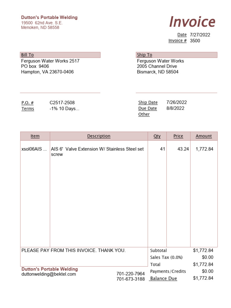 Invoice: Dutton's Portable Welding | PDF