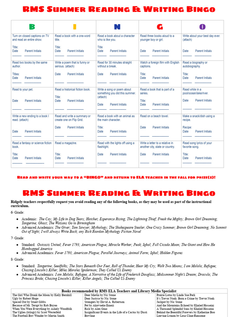 Summer Reading and Writing Bingo | PDF