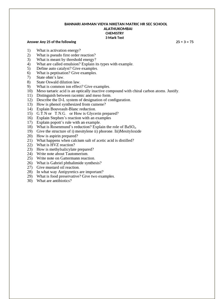 XII - Chemistry Volume II 3 Mark Test | PDF