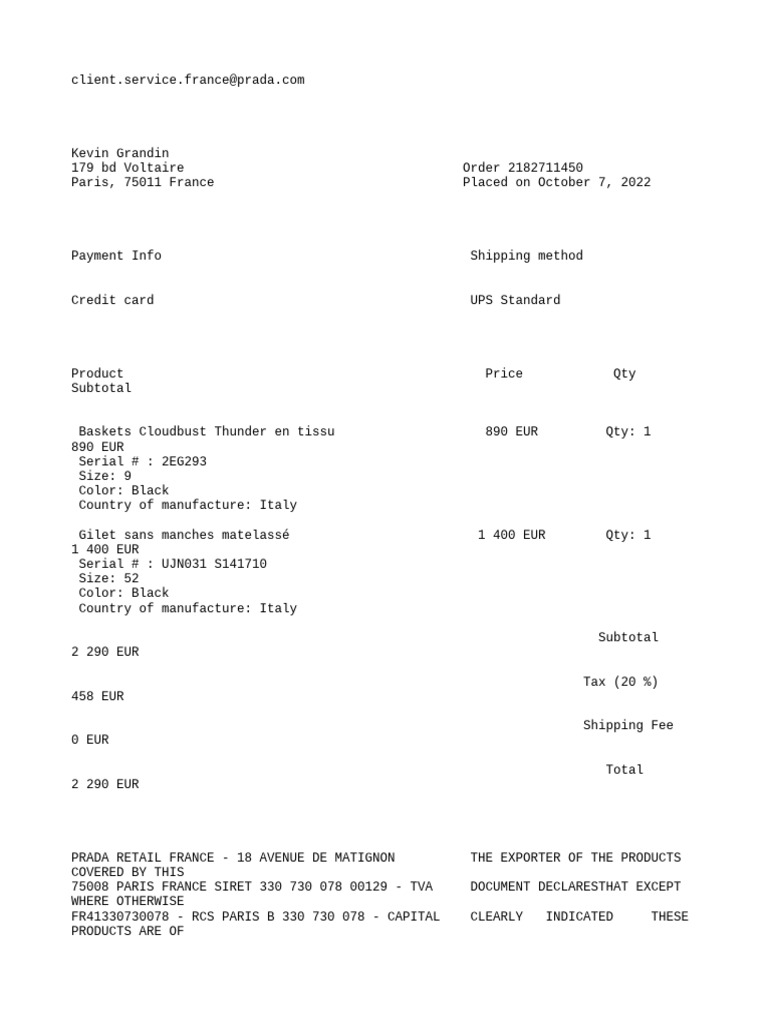 Prada Order Confirmation Receipt | PDF
