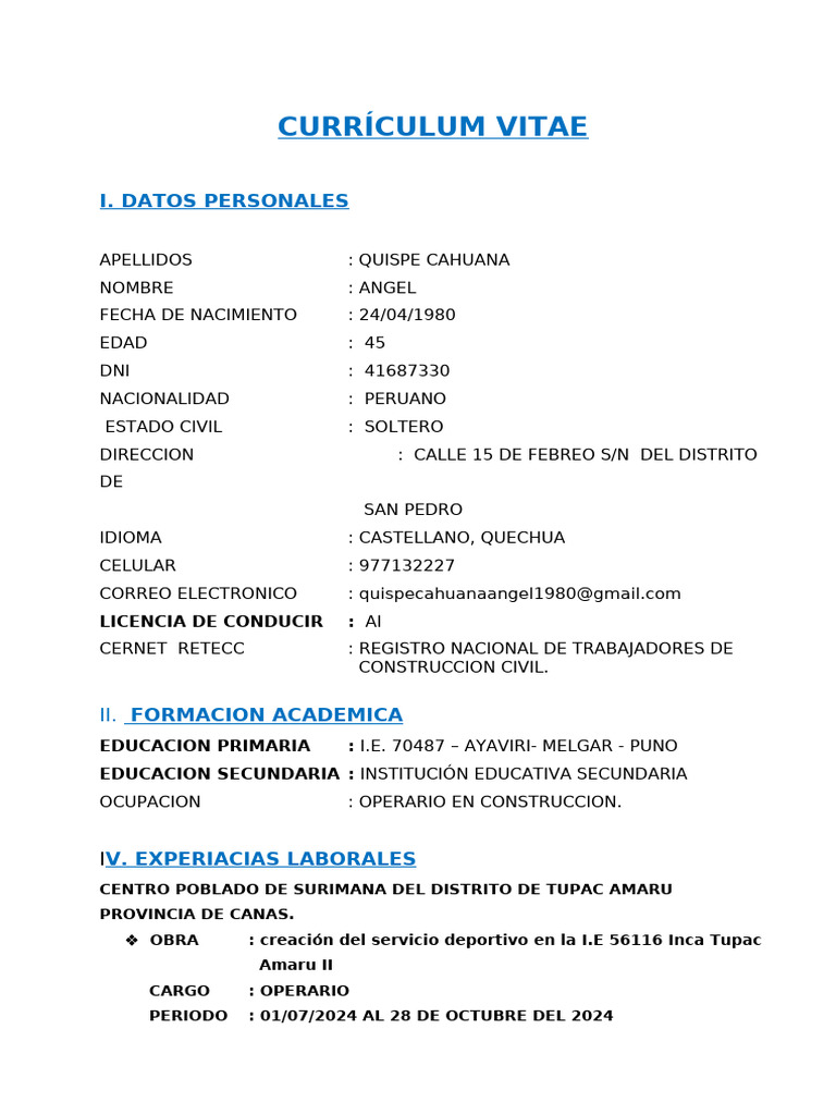 Currículum Vitae Angel Quispe Cahuana | PDF