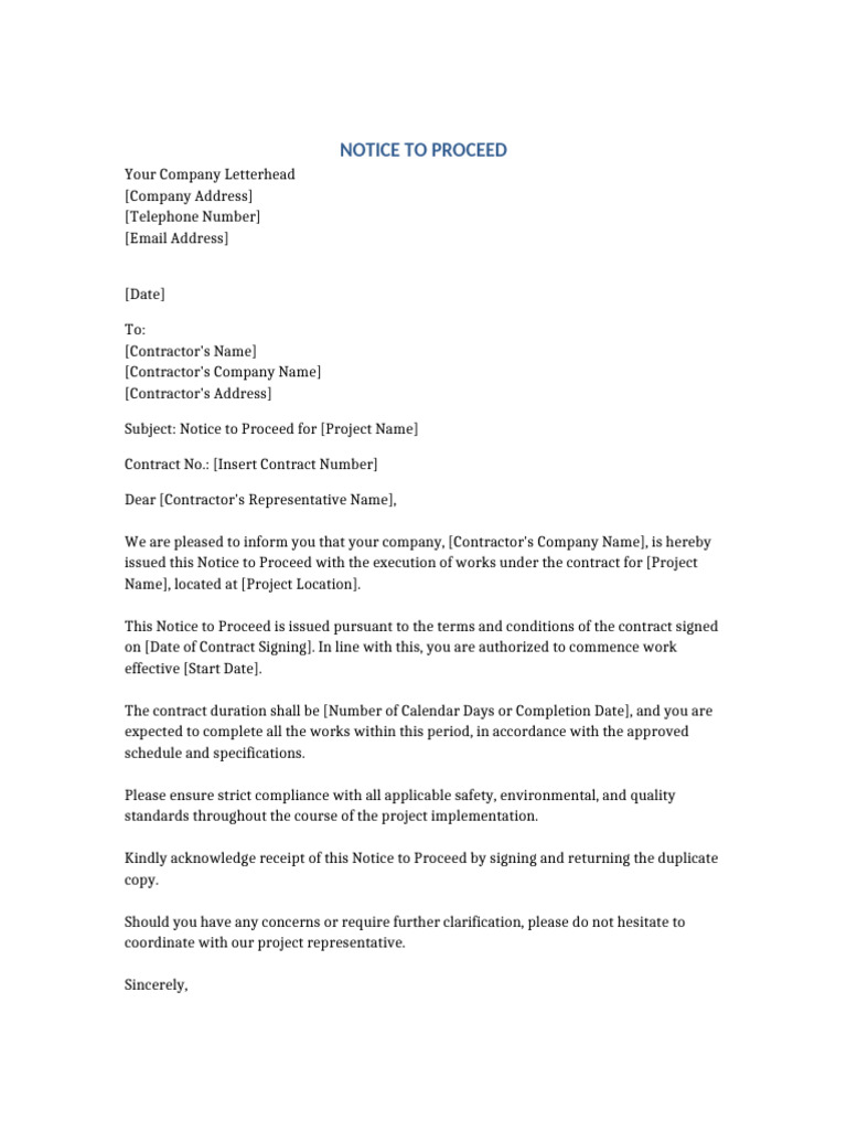 Notice to Proceed Template for Contractors | PDF
