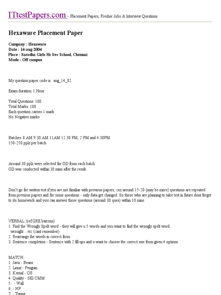 1099-Hexaware Placement Paper | PDF | Software | Areas Of Computer Science