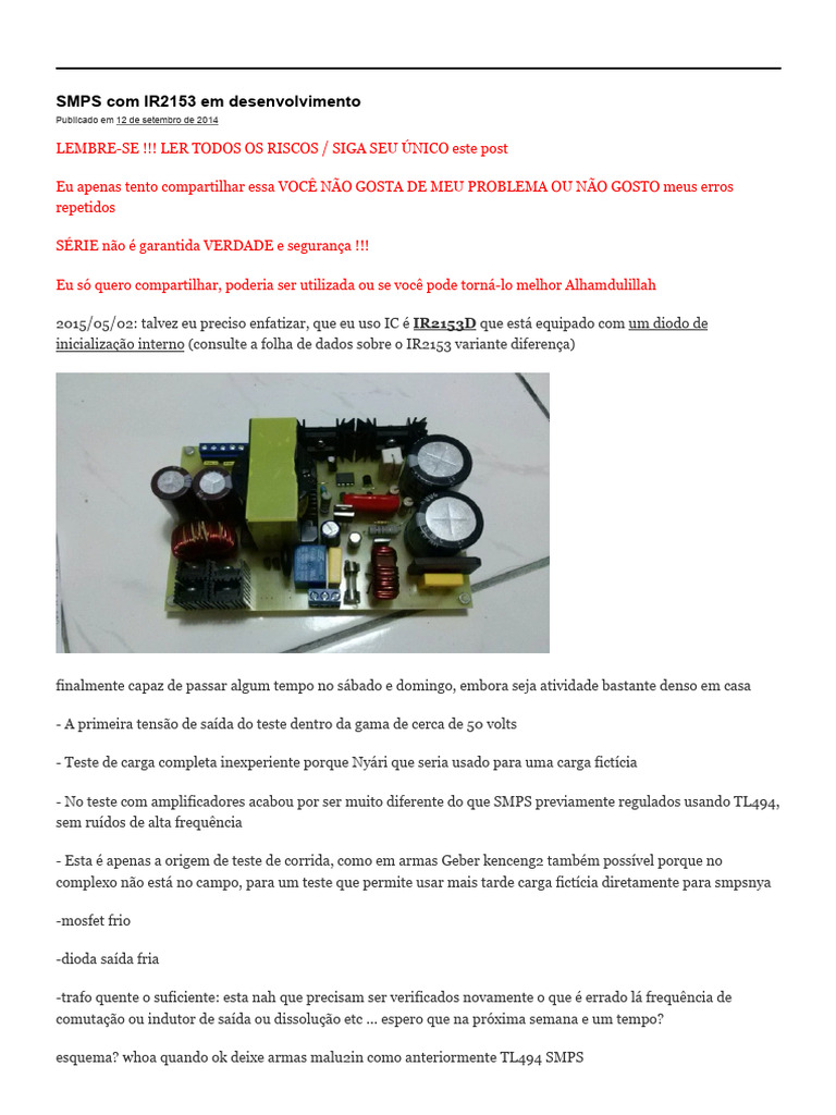 Testes e Atualizações do IR2153 SMPS | PDF | Transformador | Eletricidade