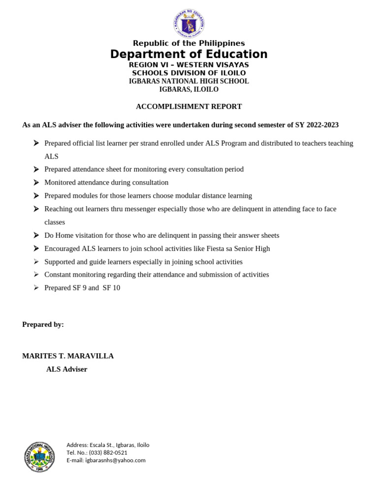 Accomplishment Report | PDF | Learning | Behavior Modification