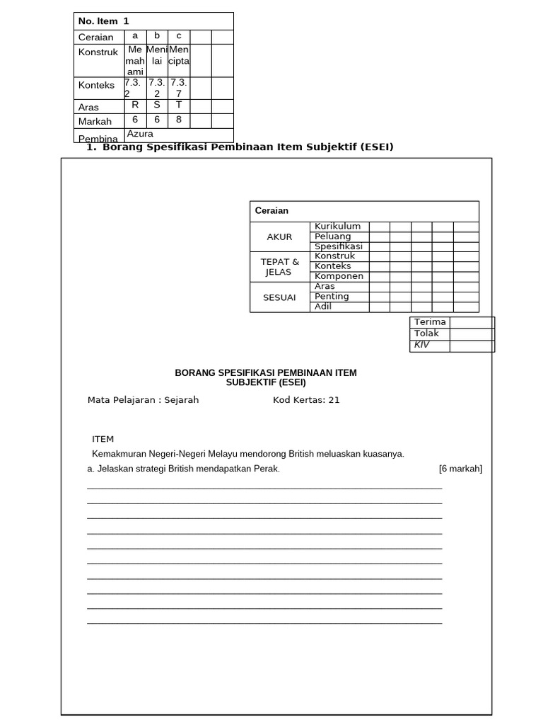 Borang Spesifikasi Pembinaan Item Esei SMKBT2 | PDF
