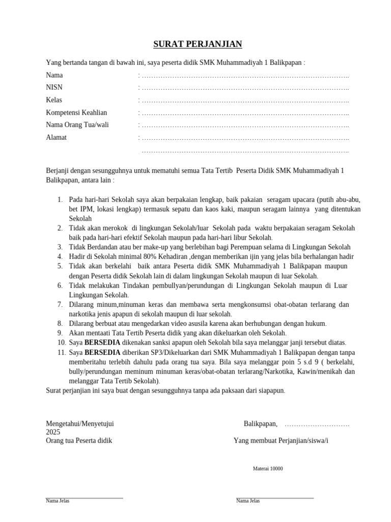 Surat Perjanjian Siswa 2024 | PDF