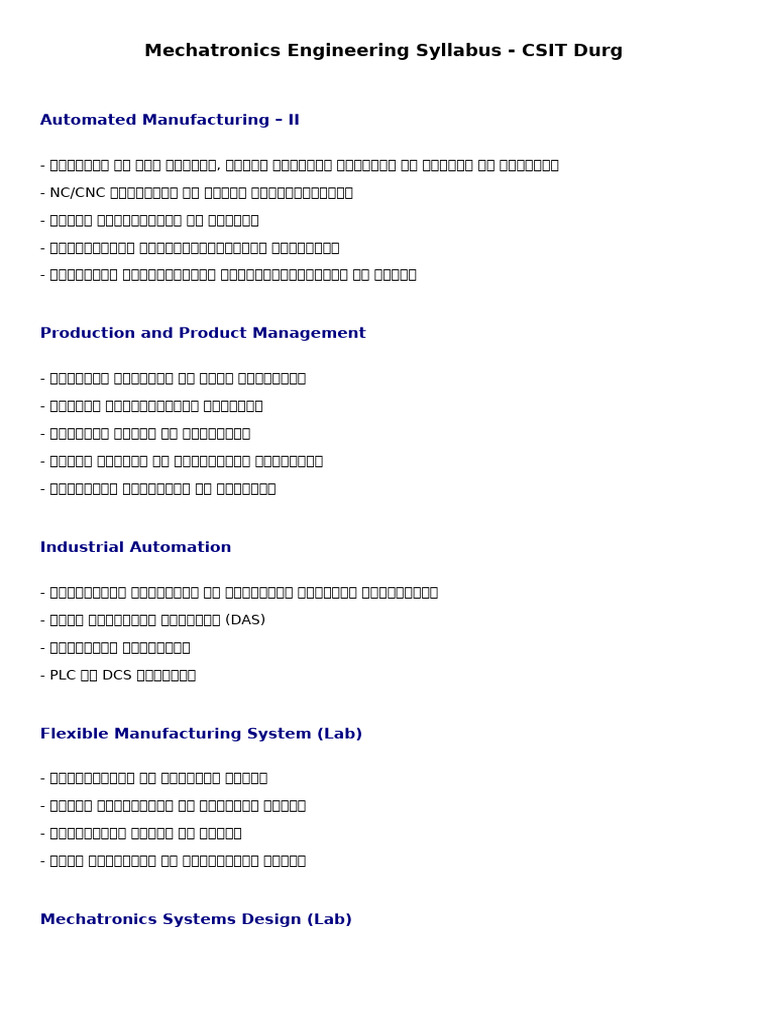 Mechatronics Engineering Sem8 Syllabus CSIT Durg | PDF