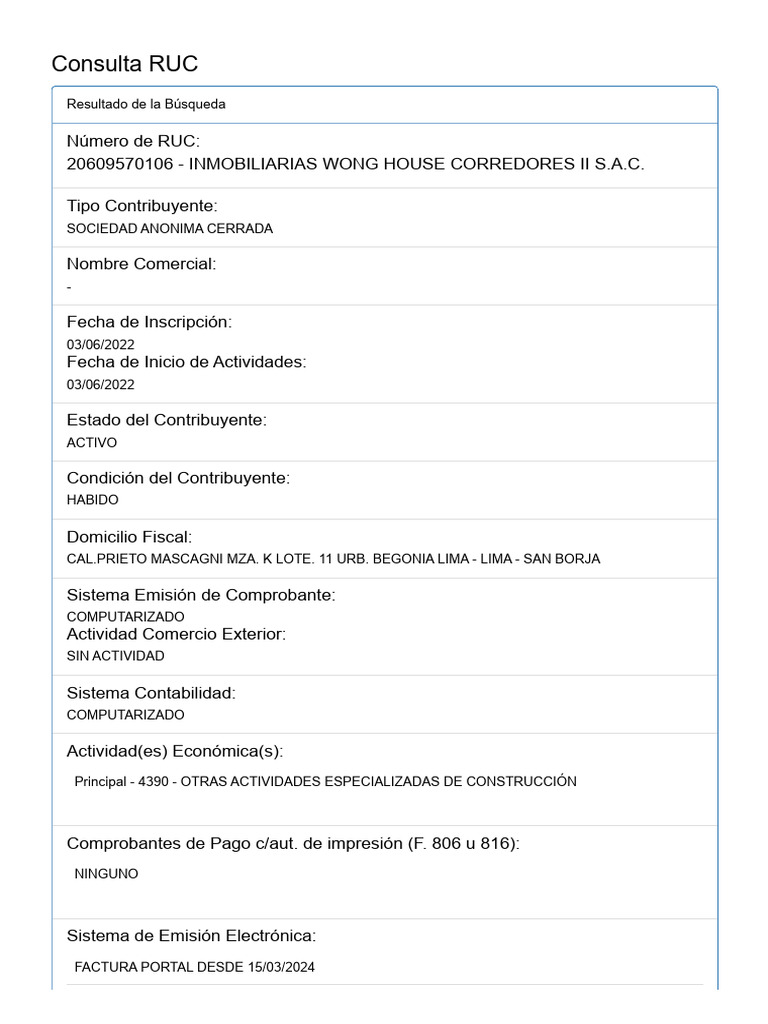 RUC Inmobiliarias Wong House Corredores II S.A.C. | PDF