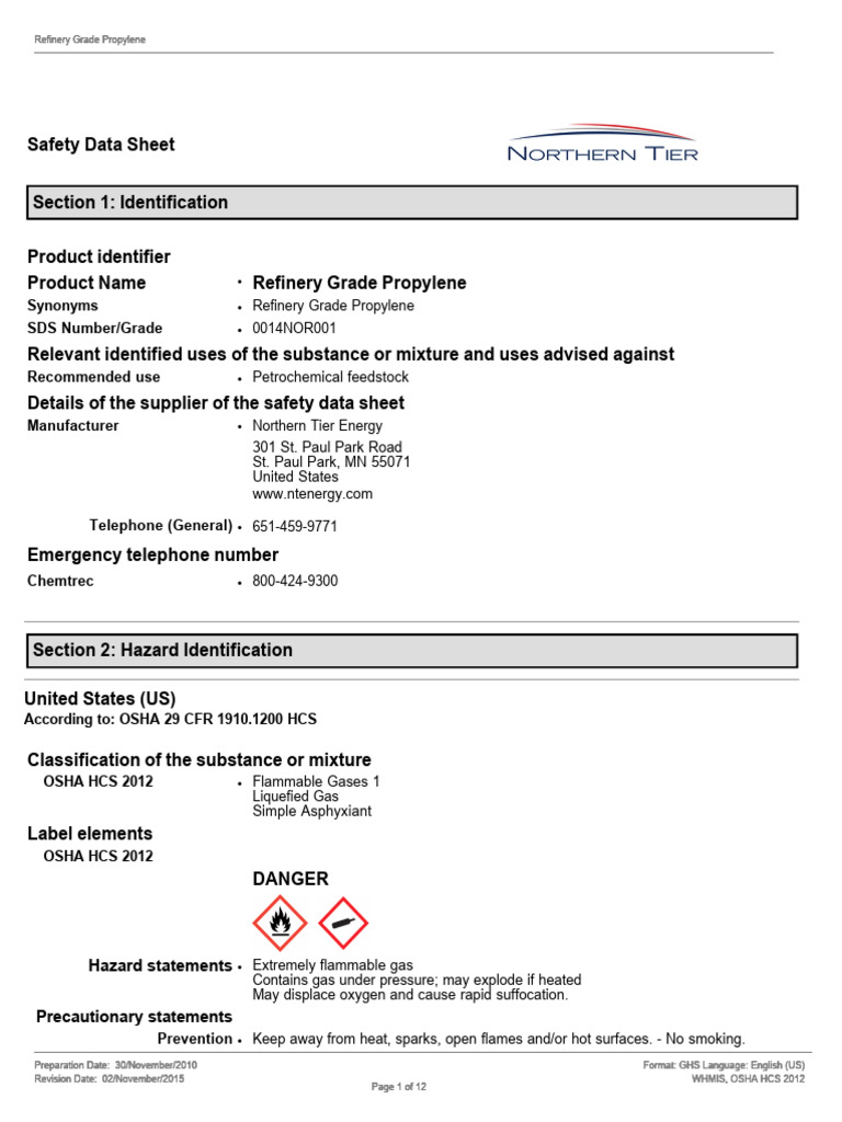 Safety Data Sheet: Refinery Grade Propylene | PDF | Oil Refinery | Propane