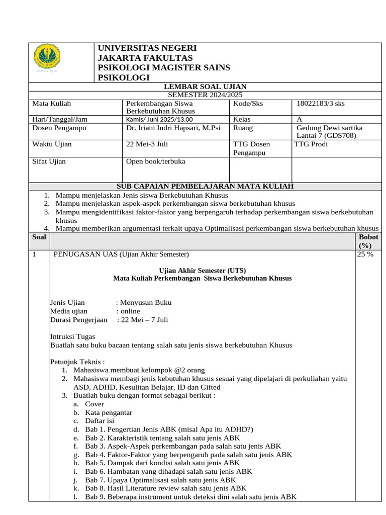UAS Perkembangan Siswa Berkebutuhan Khusus | PDF