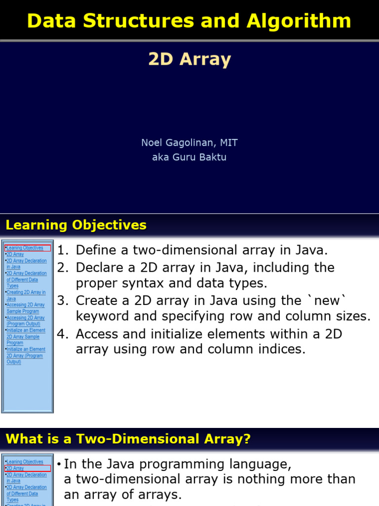 Data Structures W04 Arrays 2D v20250514.0550 | PDF | Data Type | Integer (Computer Science)
