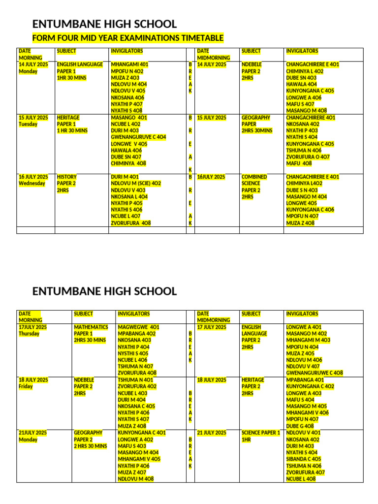 FINAL Mid Year Timetables | PDF | Science
