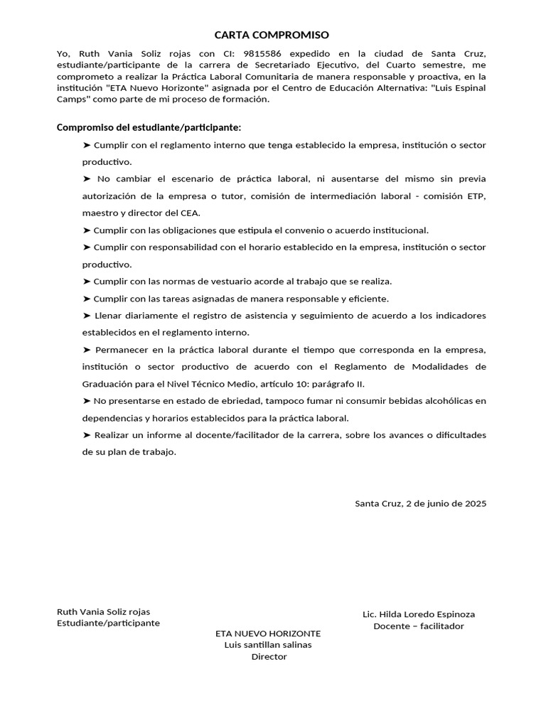 Carta Compromiso Práctica Laboral | PDF