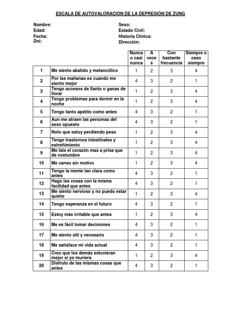 Escalas Zung de Ansiedad y Depresión | PDF | Depresión (estado de ánimo ...