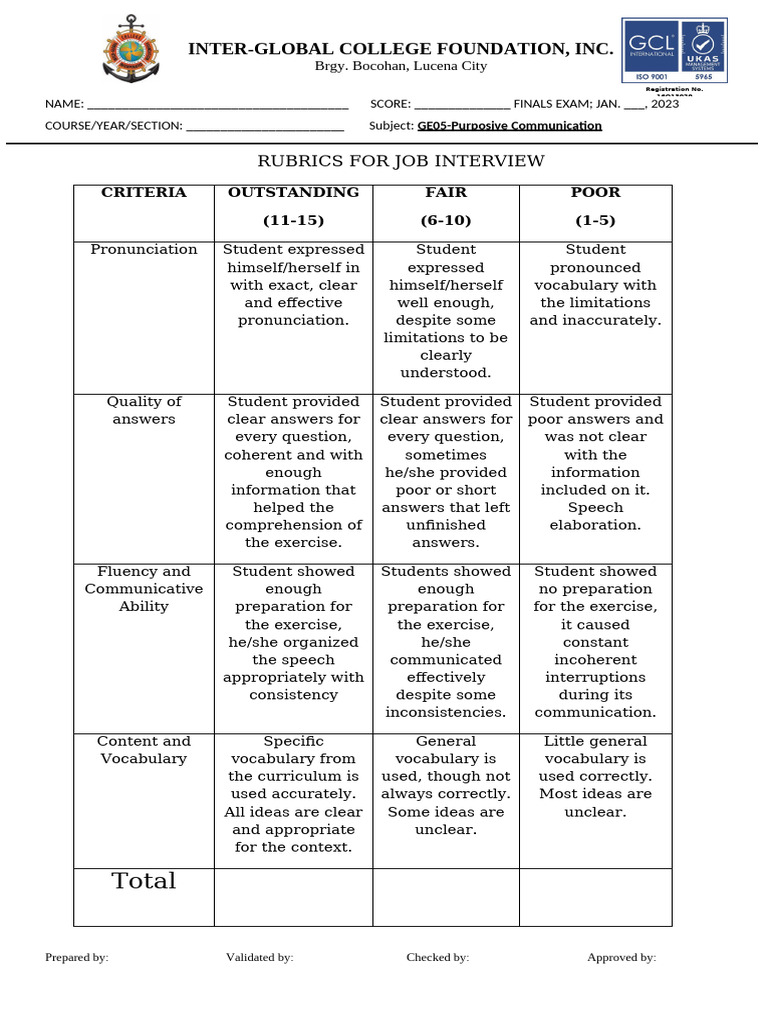 Rubrics For Job Interview Finals | PDF | Linguistics | Human Communication