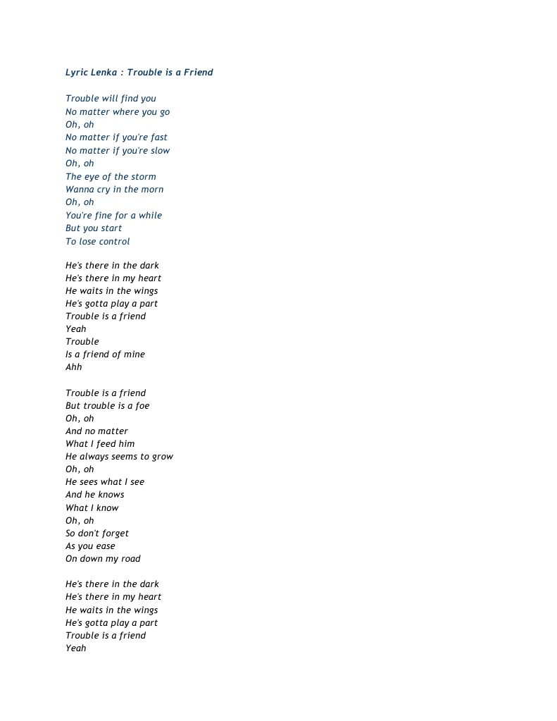 Lenka's "Trouble is a Friend" Lyrics | PDF | Art