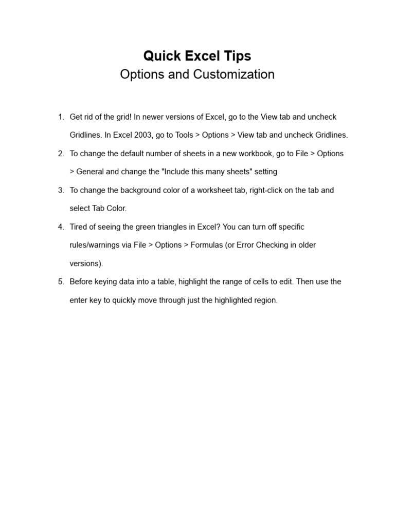 Quick Excel Tips - Customization | PDF