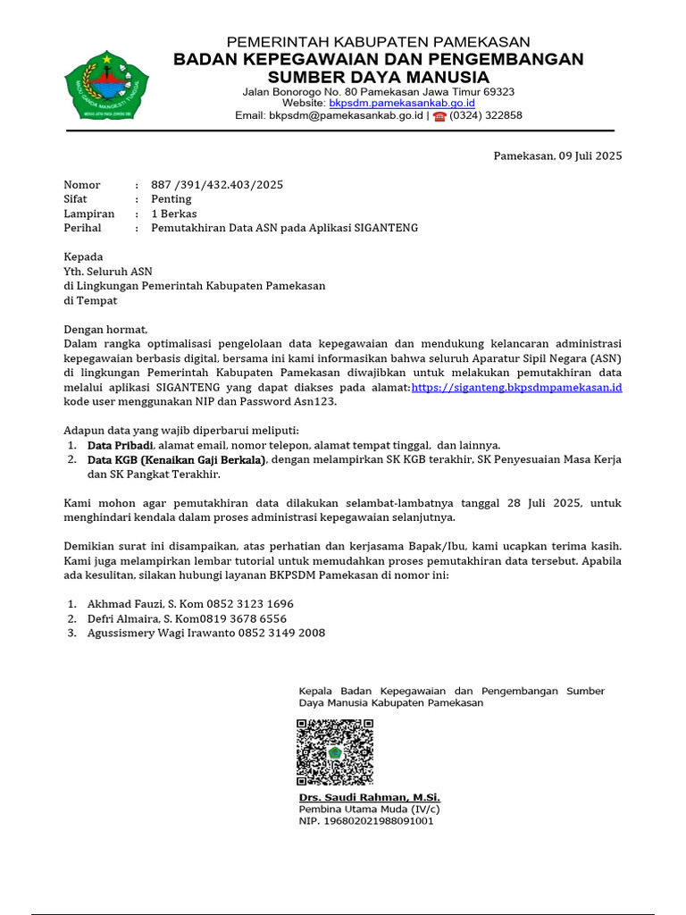 Surat Pemutakhiran Data SIGANTENG Final | PDF