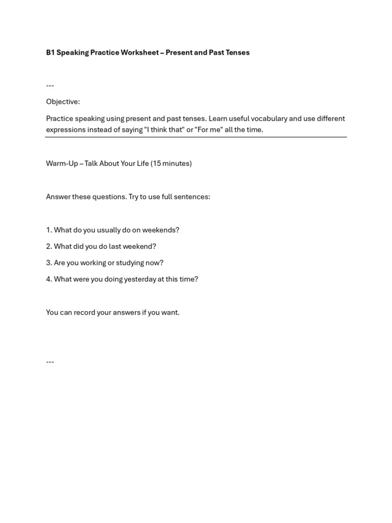 B1 Speaking Practice Worksheet S2 | PDF