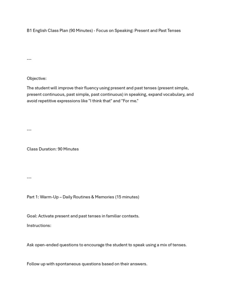 B1 English Speaking Lesson Plan | PDF | Vocabulary | Grammatical Tense