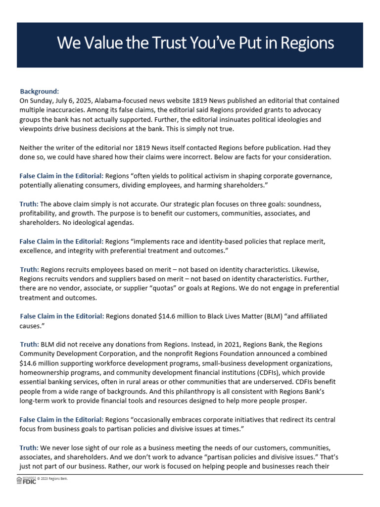 Regions Fact Sheet July 2025 | PDF | Business | Economies