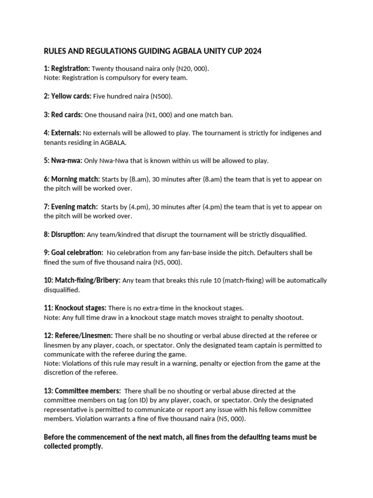 Rules and Regulations Guiding Agbala Unity Cup 2024-1 | PDF