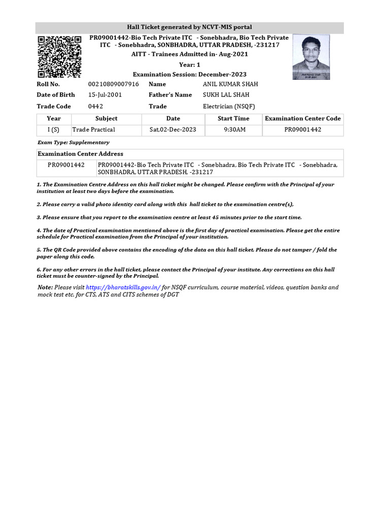NCVT-MIS Hall Ticket for Exam 2023 | PDF