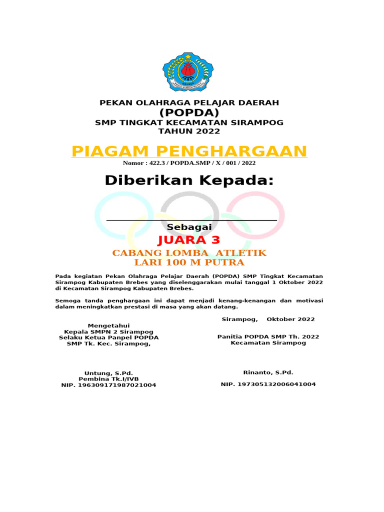 Juara 3 Lomba Atletik POPDA SMP 2022 | PDF