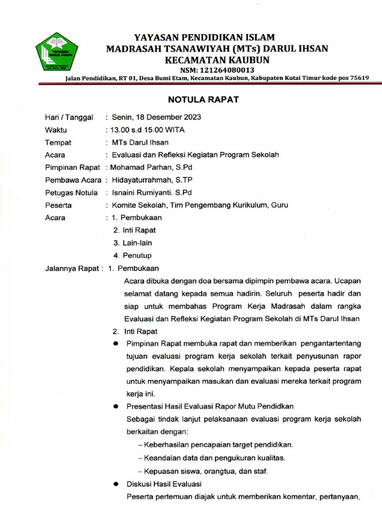 Rapat Evaluasi Dan Refleksi Program Sekolah | PDF