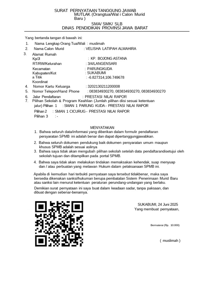 Surat Pernyataan Tanggung Jawab Mutlak - Velisha Latipah Almahira | PDF