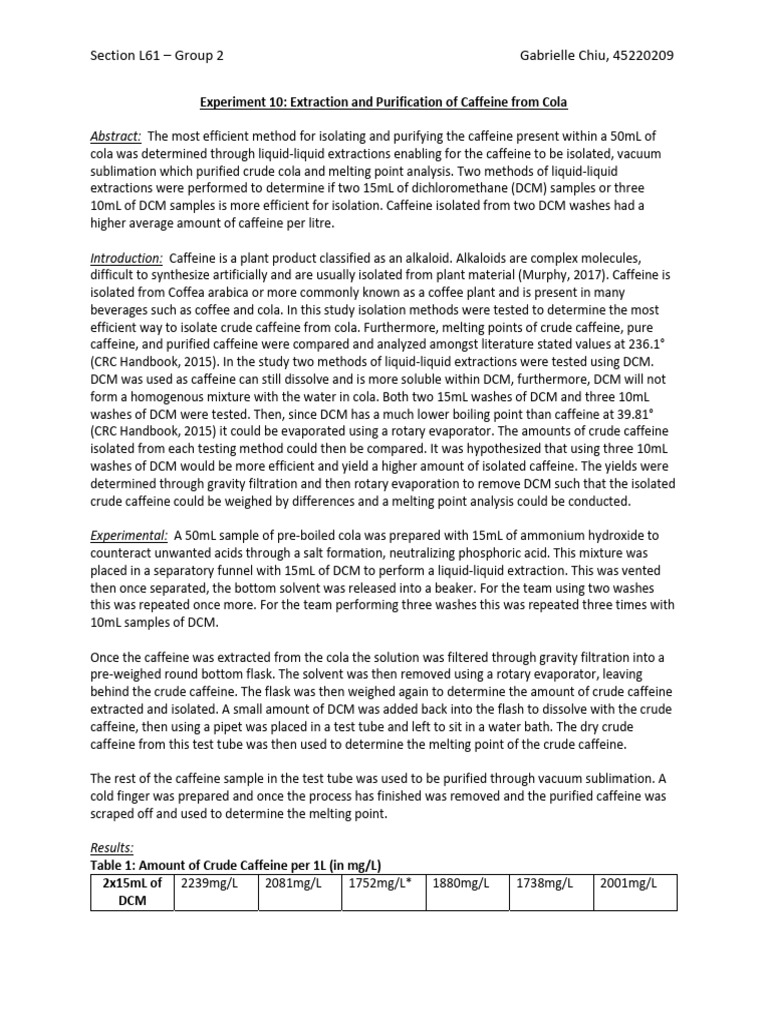 Experiment 10 Lab Report | PDF | Caffeine | Filtration