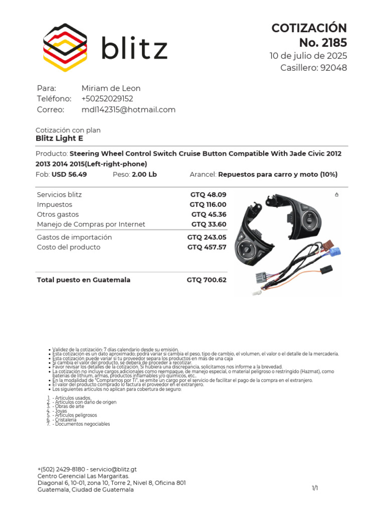 Depositar Q 491.07 Cotizacion 2185 | PDF