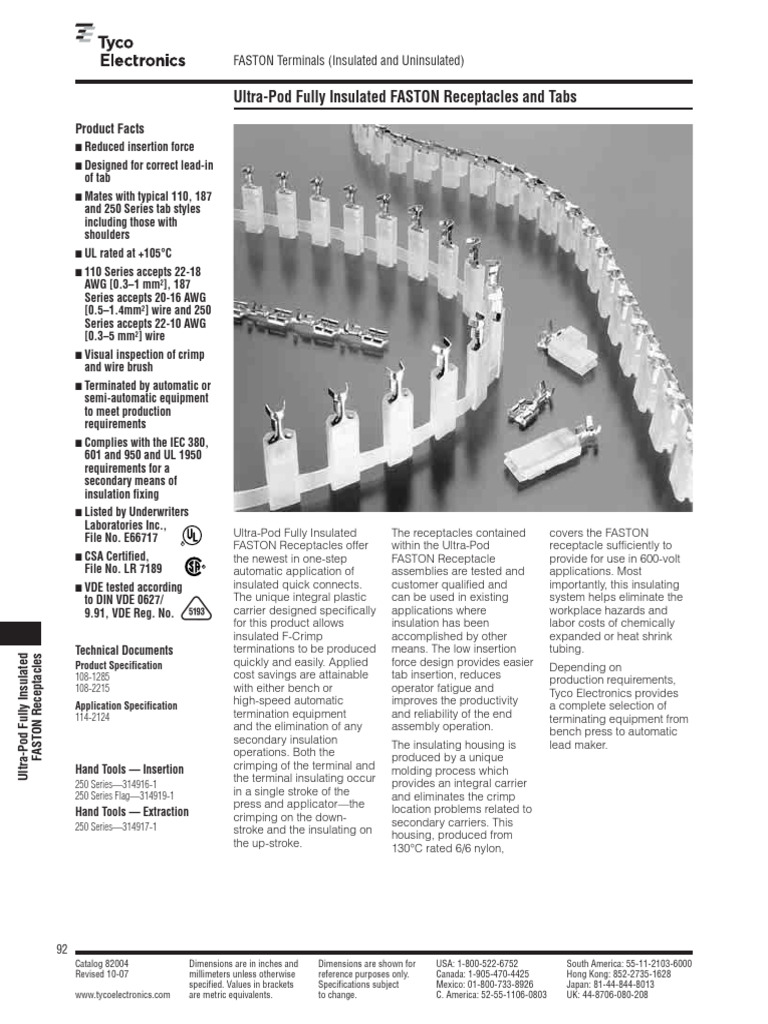 Tyco Ultra-Pod Fully Insulated Faston Terminals | PDF | Brass