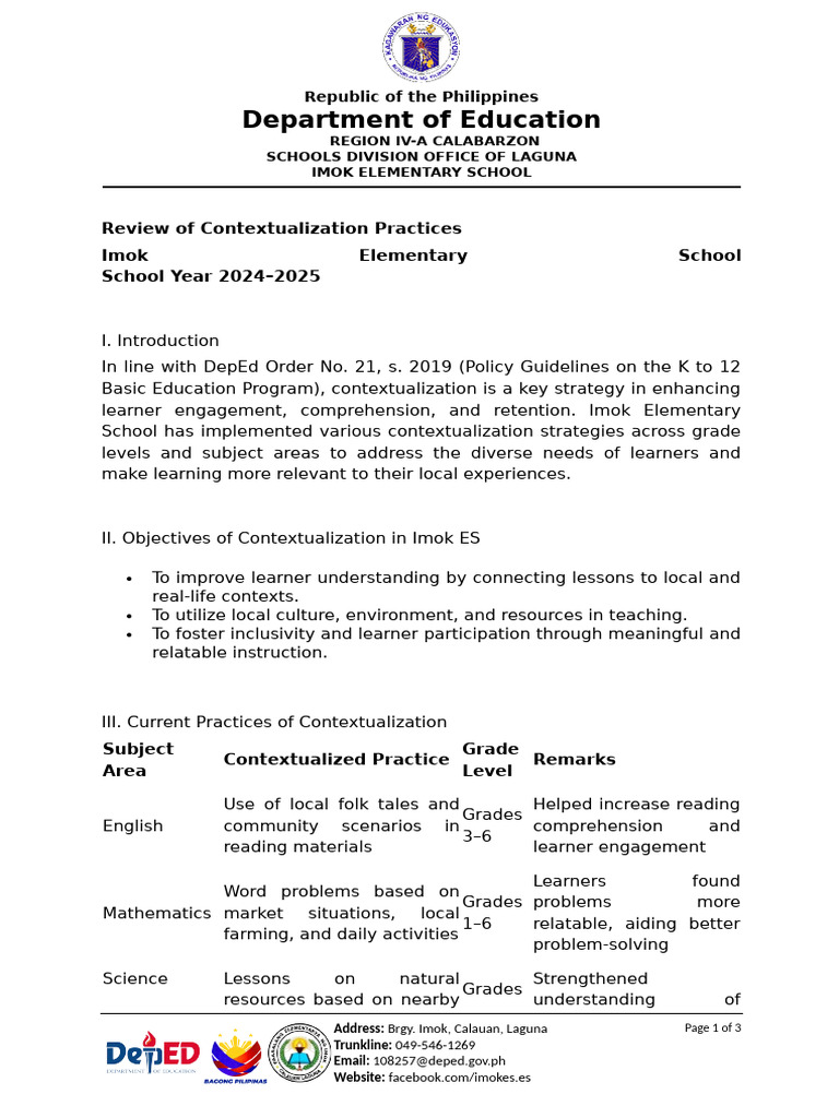IRISH V DE RAMA, EDD, JD Review of CONTEXTUALIZATIONONTEXTUALIZATION | PDF | Learning | Reading ...