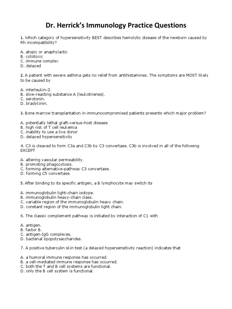 Immunology Hypersensitivity Questions | PDF | Antibody | T Cell