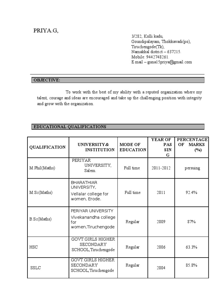 Priya Resume | PDF | Teaching Mathematics | Cognition