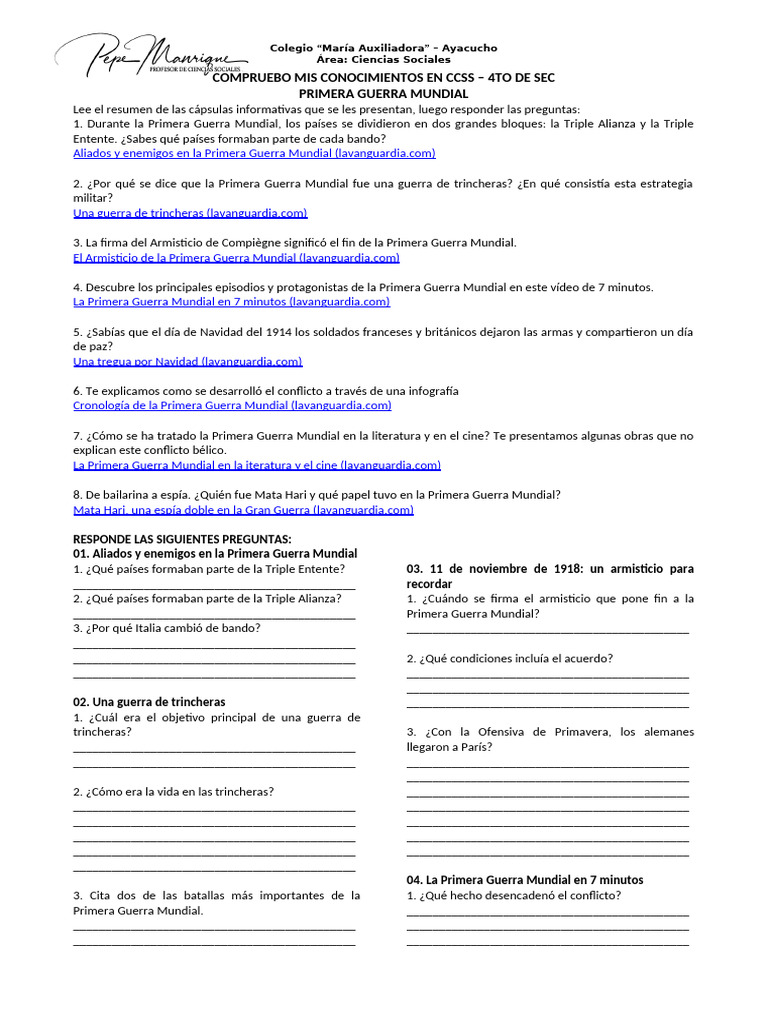 Examen Gran Guerra o Primera Guerra Mundial | PDF | Primera Guerra ...