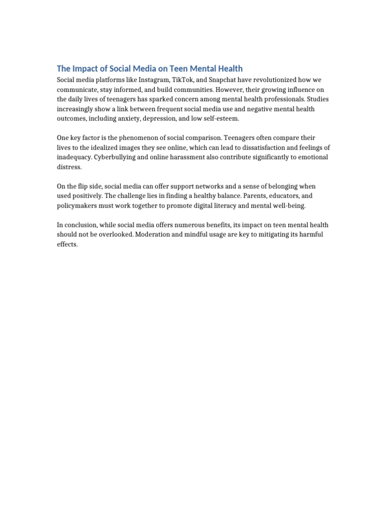 Social Media Teen Mental Health | PDF